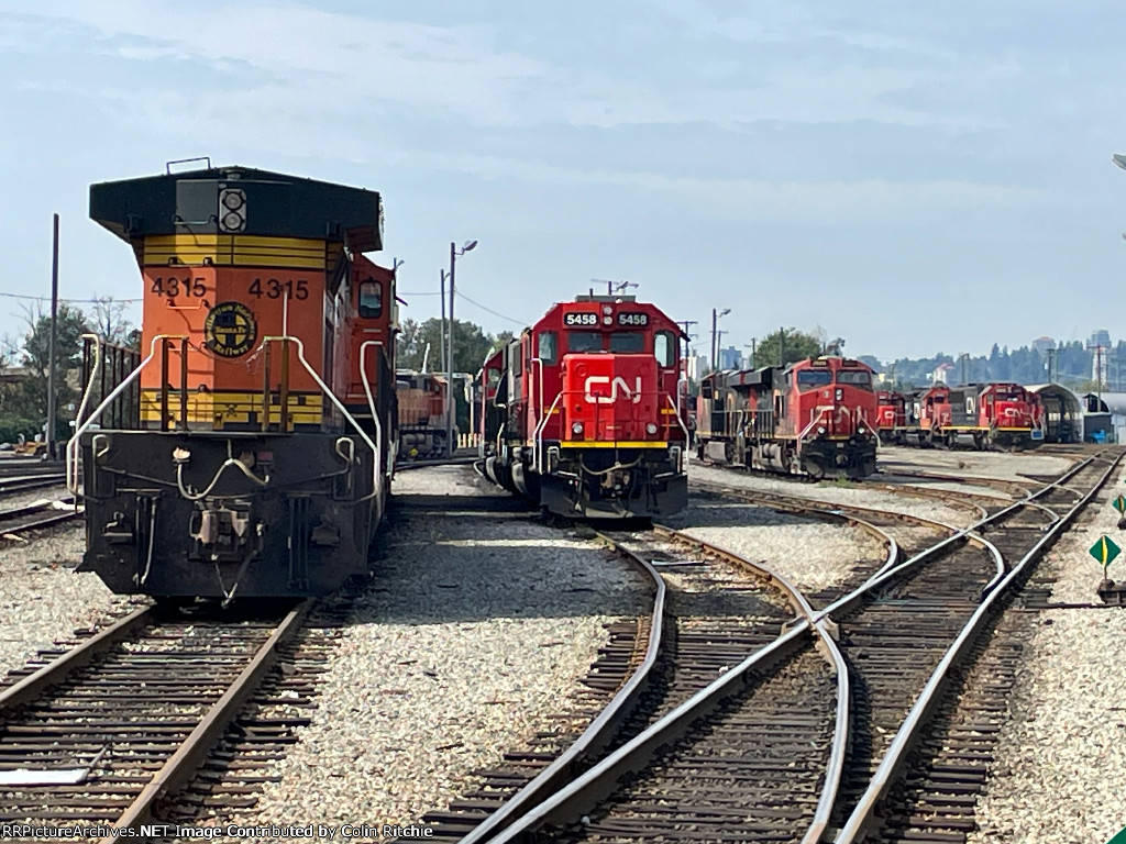 BNSF 4315 CN 5458/5478/5479/3253/2898 roster shot on the west side of Thorntion Yard
